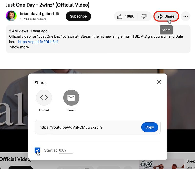 YouTube link with timestamp: How to copy and share